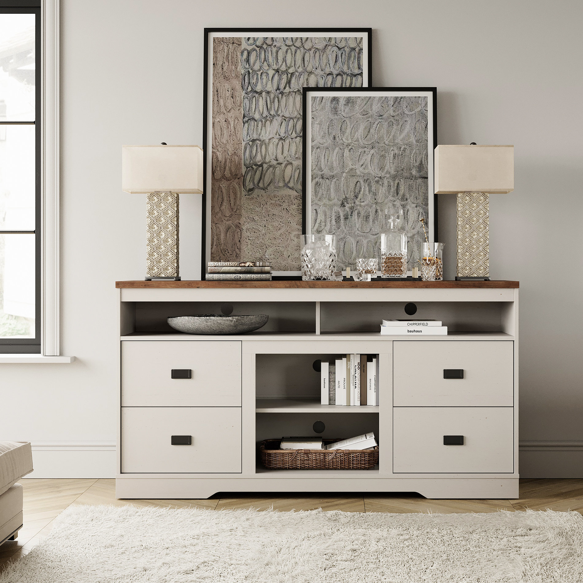 Highboy 59.1 W TV Stand for 65 inch TVS Credenza Millwood Pines Color White